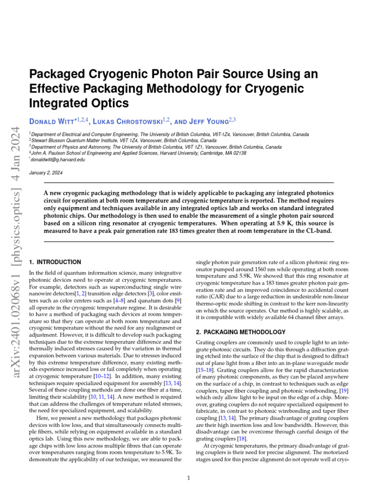 Packaged Cryogenic Photon Pair Source Using An Effective Packaging ...