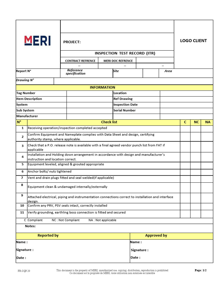 FR - CQP.20 Inspection Test Record (Itr) | PDF