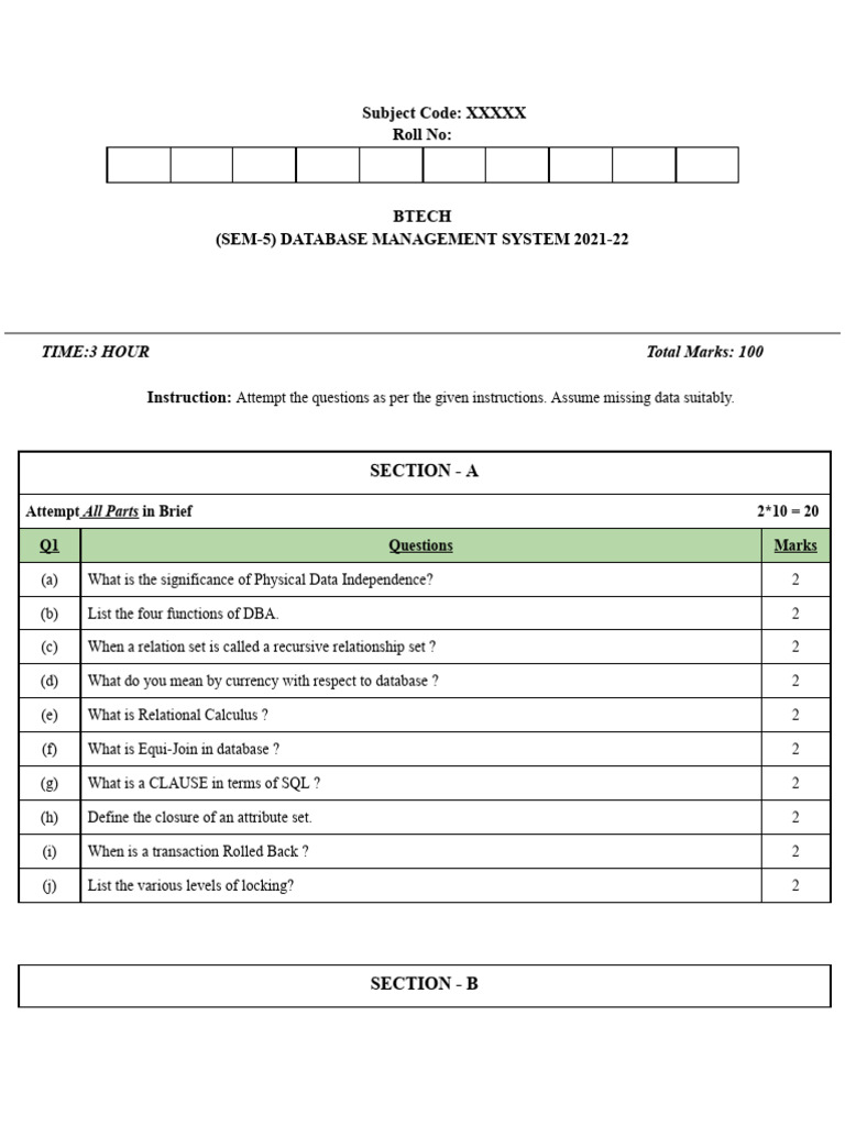 DATABASE MANAGEMENT SYSTEM Question Paper 21 22 | PDF