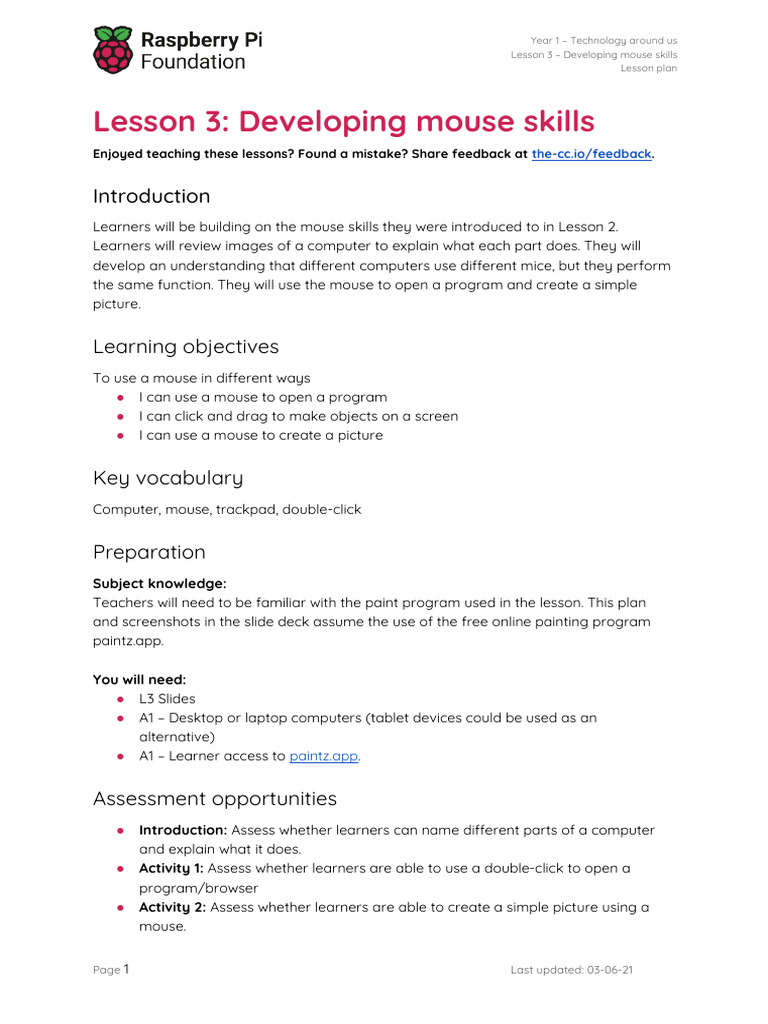 L3 Lesson Plan - Technology Around Us - Y1 - Using Mouse | PDF