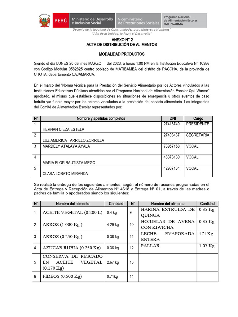 Acta de Distribución de Alimentos NIVEL PRIMARIO | PDF Acta de Distribución de Alimentos NIVEL PRIMARIO | PDF