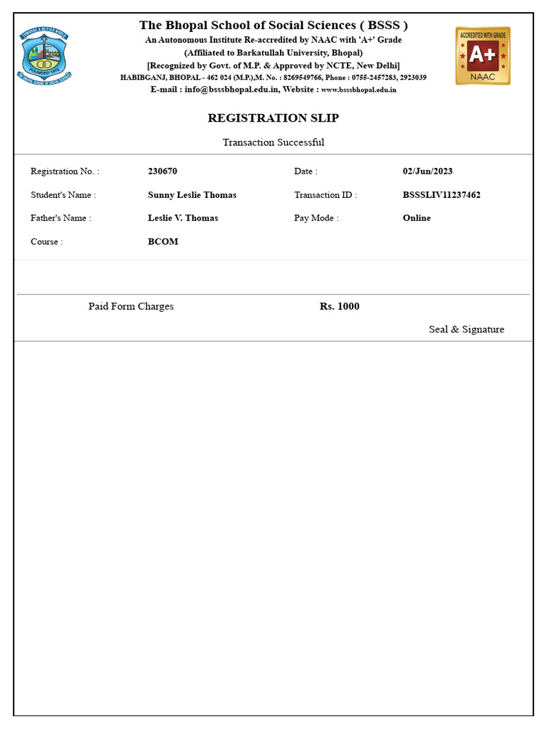 BSSS Fee Receipt | PDF