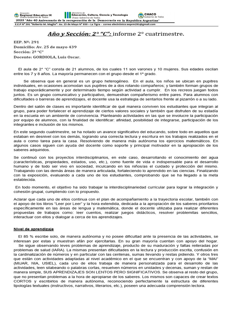 Segundo Informe General 2do Grado | PDF