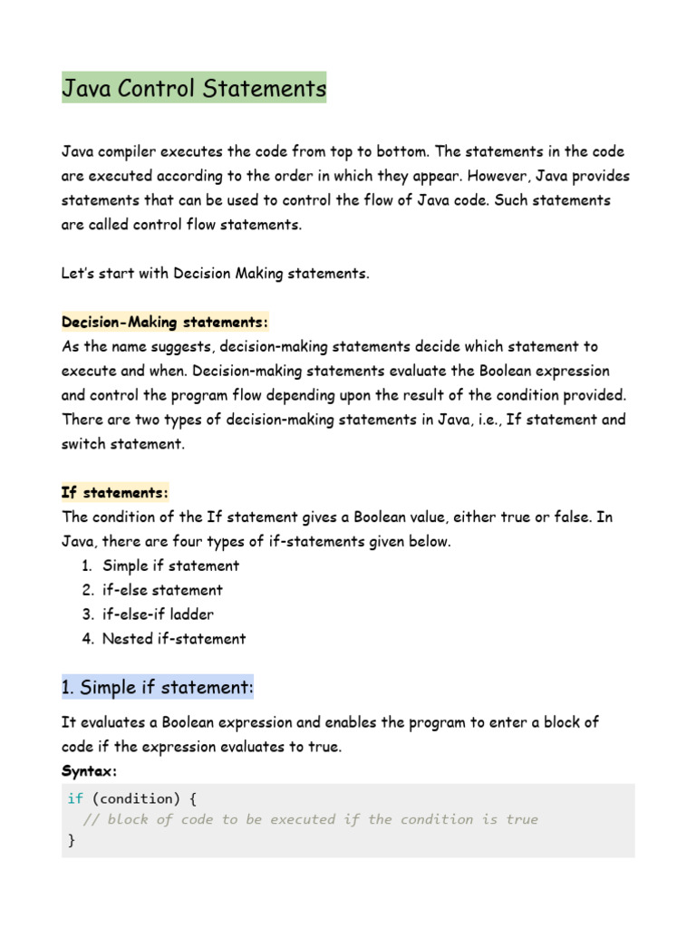 Java Control Statements | PDF | Grammar | Systems Engineering Java Control Statements | PDF | Grammar | Systems Engineering