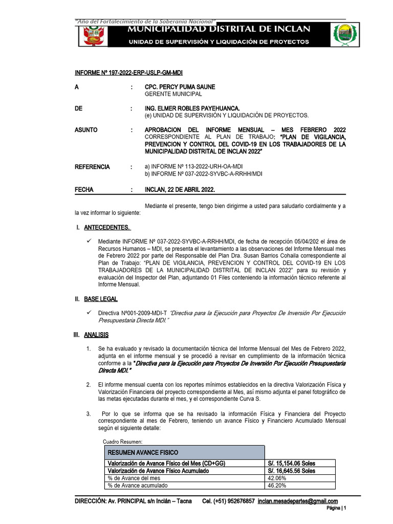 Informe #197-2022-ERP-USLP-GM-MDI - APROBACION DEL INFORME MENSUAL ...