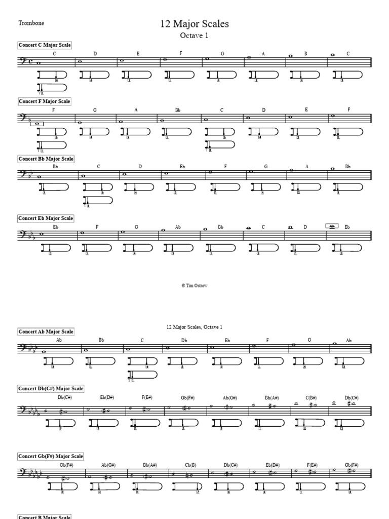 12 Major Scales S1o1 - Trombone New | PDF | Pitch (Music) | Music Theory