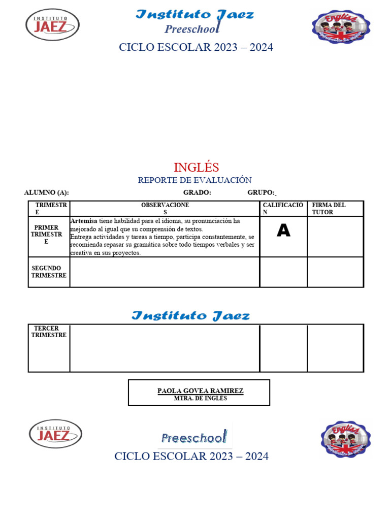 Formato Observaciones Jaez Preescolar INGLES | PDF