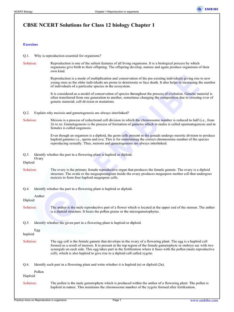 CBSE Class 12 Biology Reproduction Guide | PDF | Sexual Reproduction ...