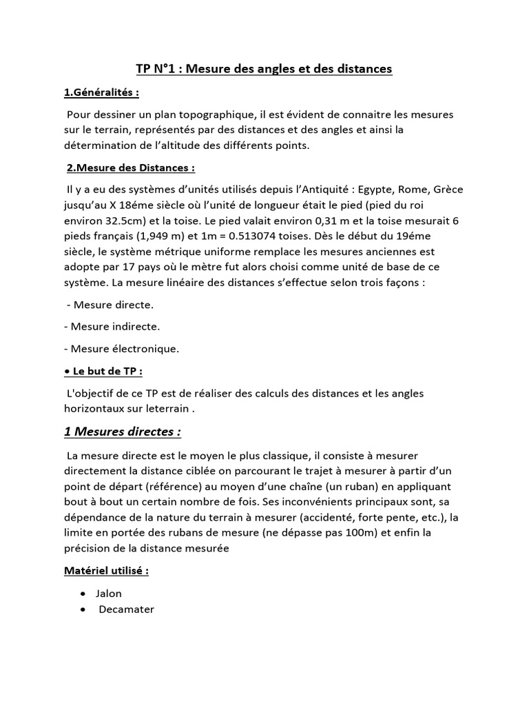 TP N°1 Mesure Des Angles Et Des Distances 1 | PDF | Méthodes et références pédagogiques