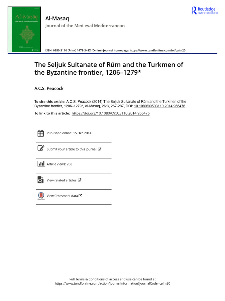 The Seljuk Sultanate of R M and The Turkmen of The Byzantine Frontier ...