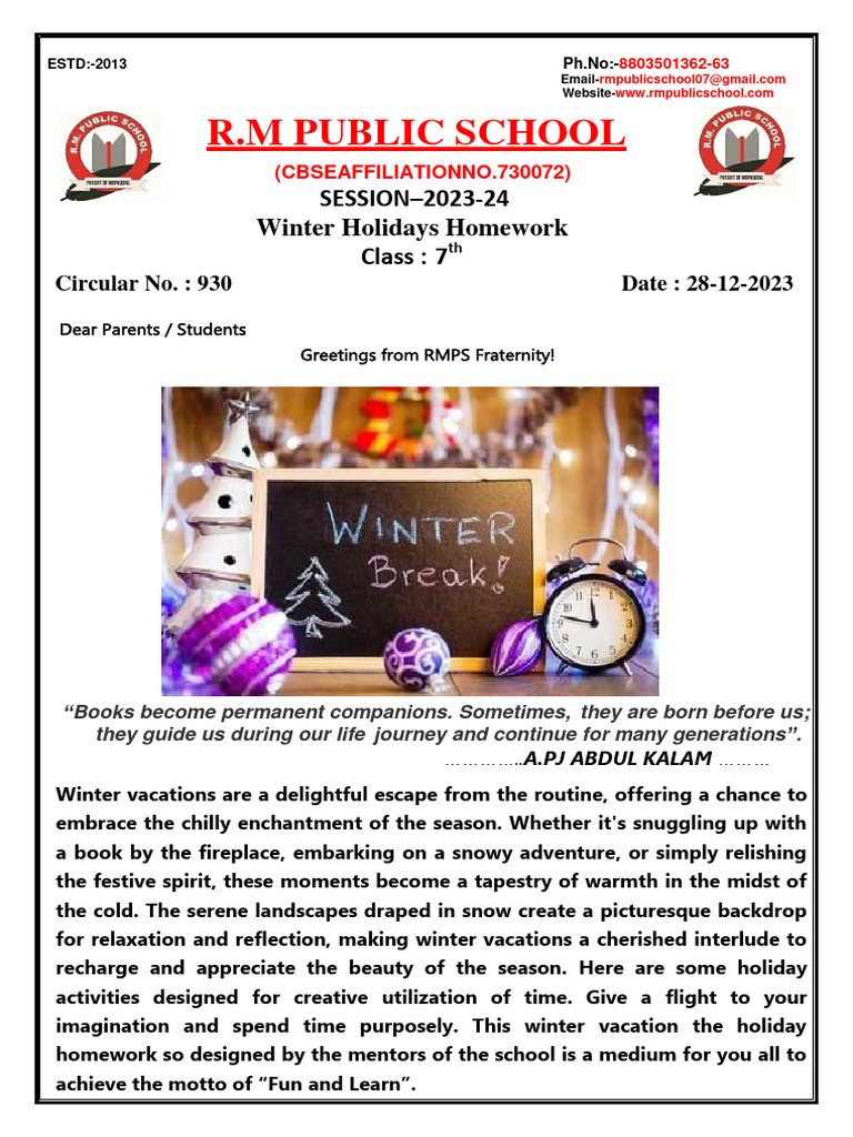 Class 7 Winter Holiday Homework | PDF