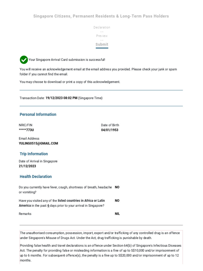 ICA - SG Arrival Card | PDF