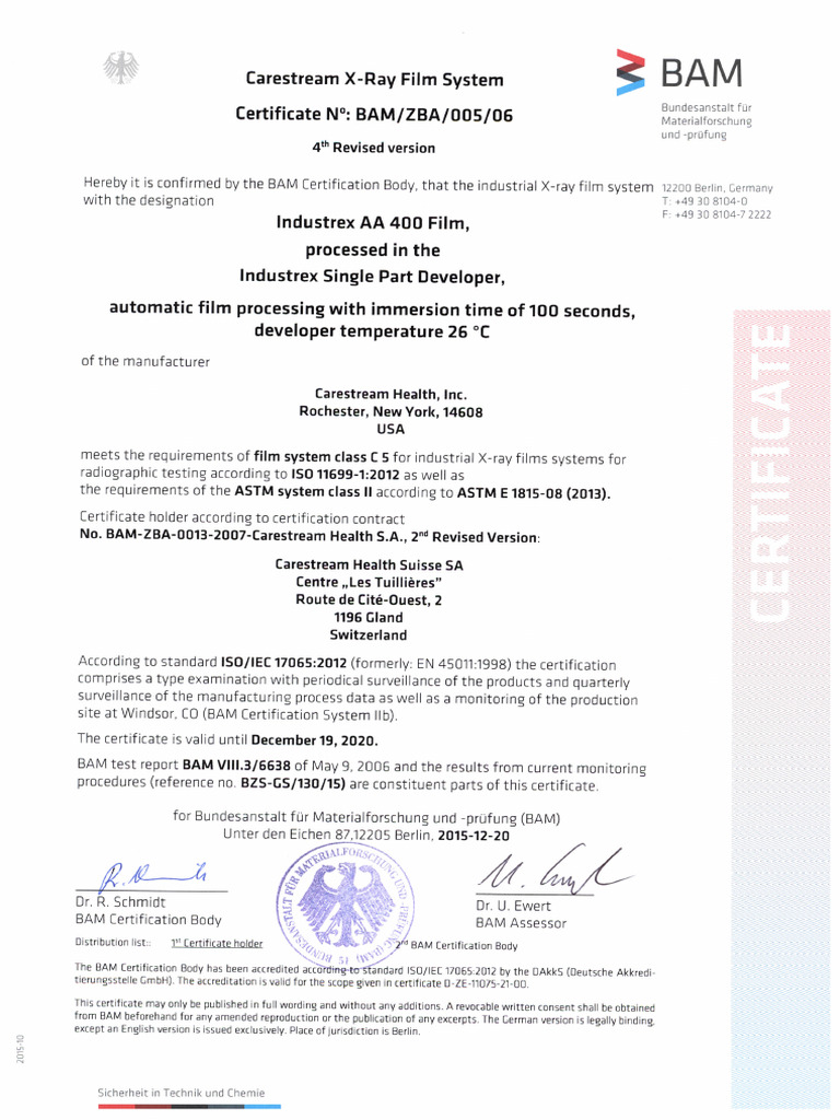 AA400 BAM Certificate | PDF