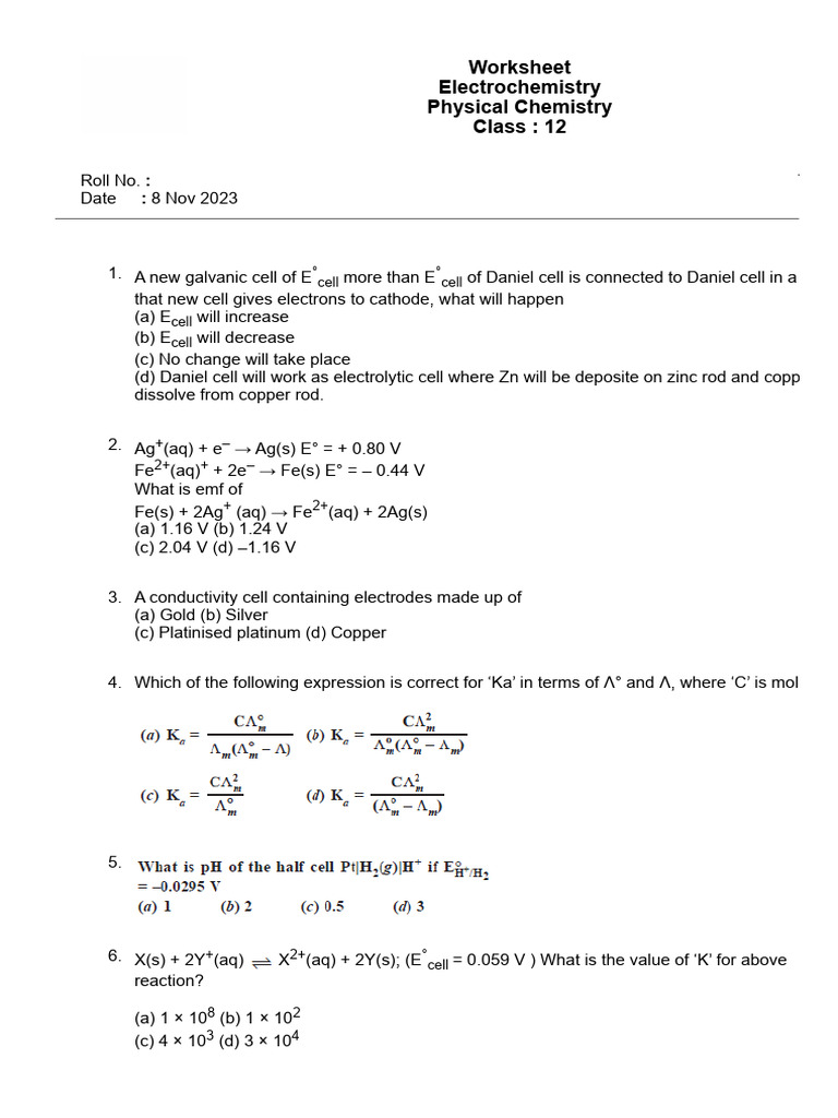 Electrochemistry Practice | PDF