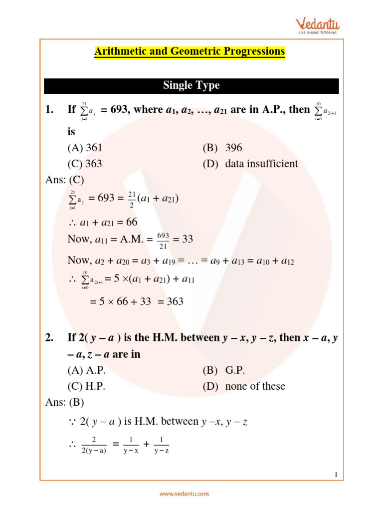 JEE Advanced Arithmetic and Geometric Progressions Important Questions | PDF