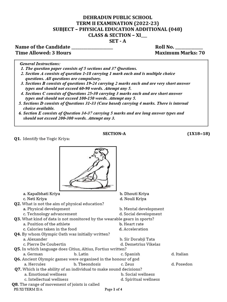 Phy - Ed Additional Term Ii Xi Set-A 2022-23 | PDF