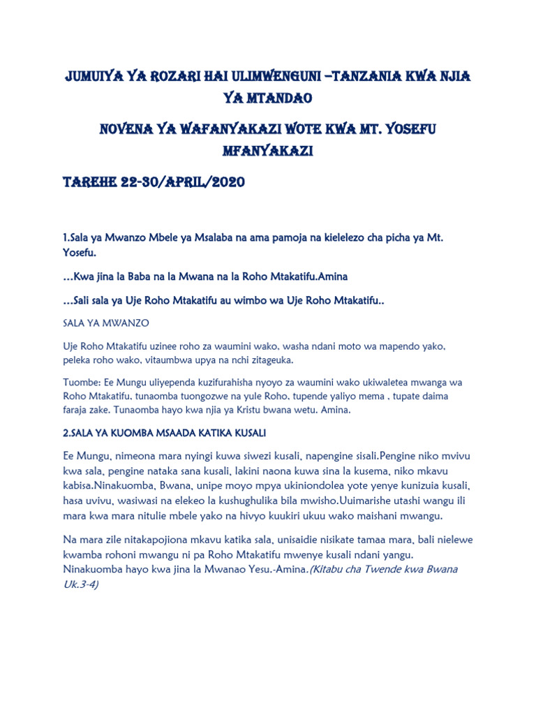Novena Ya Wafanyakazi Kwa MT - Yosefu Mfanyakazi | PDF