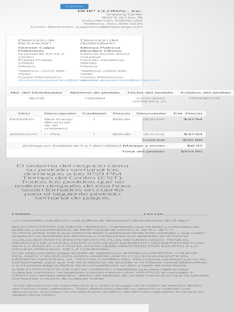 Confirmación de Pedido BHIP Global | PDF | Economias