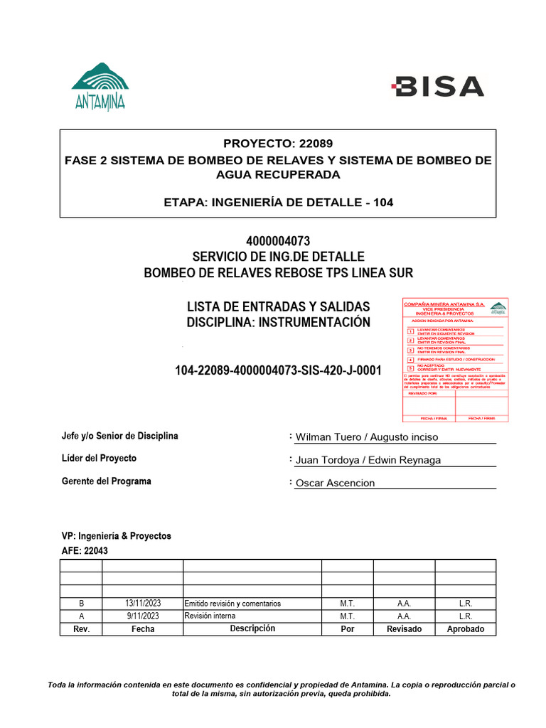 Servicio de Ing - de Detalle Bombeo de Relaves Rebose Tps Linea Sur | PDF