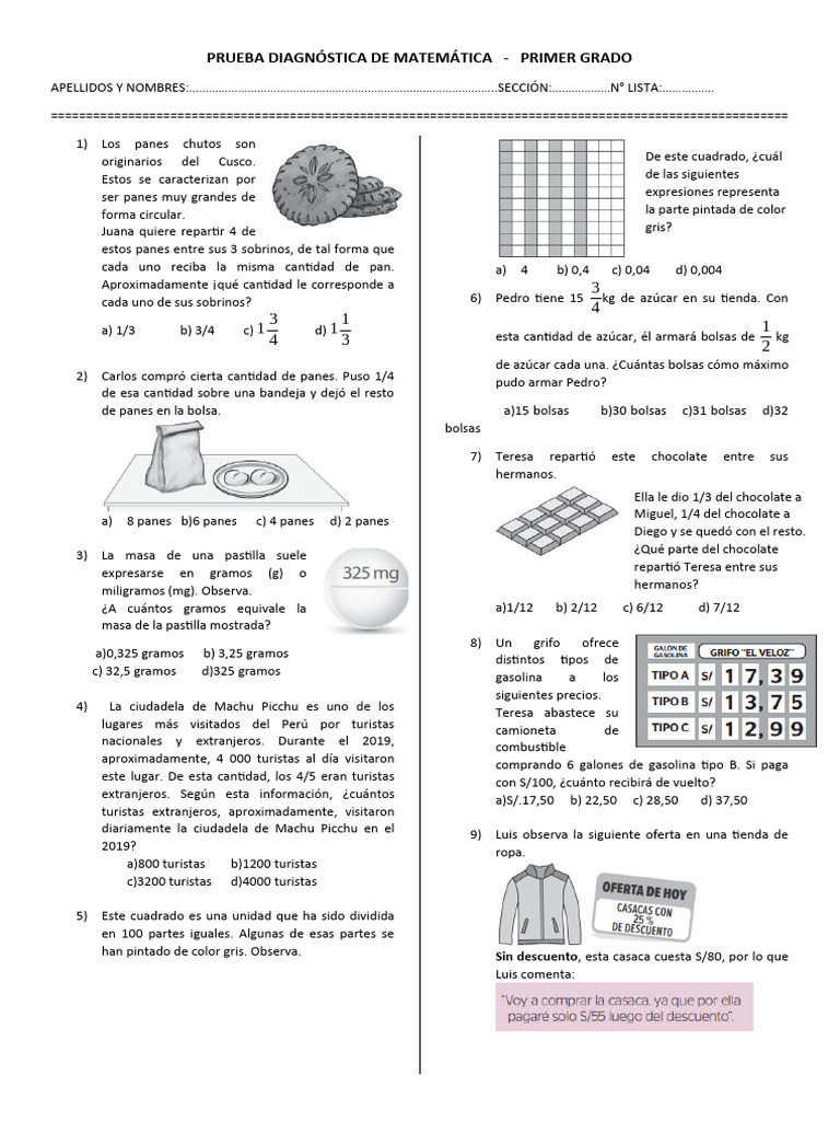 Prueba Diagnóstica de Matemática | PDF