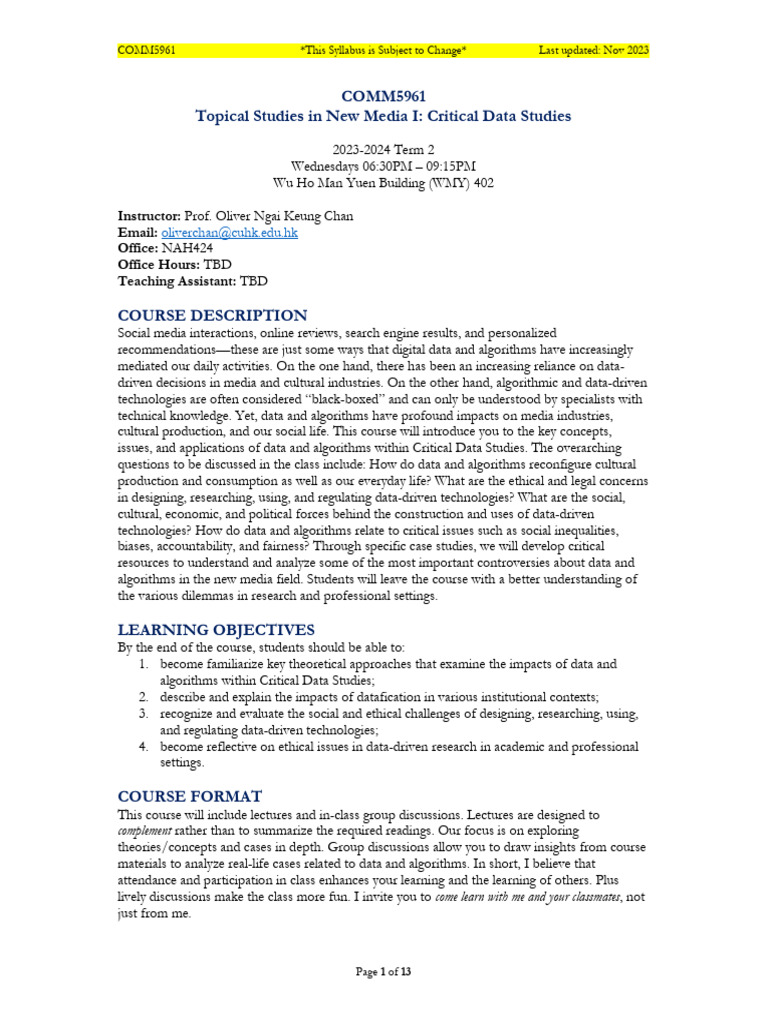 COMM5961 数据分析 Critical Data Studies | PDF