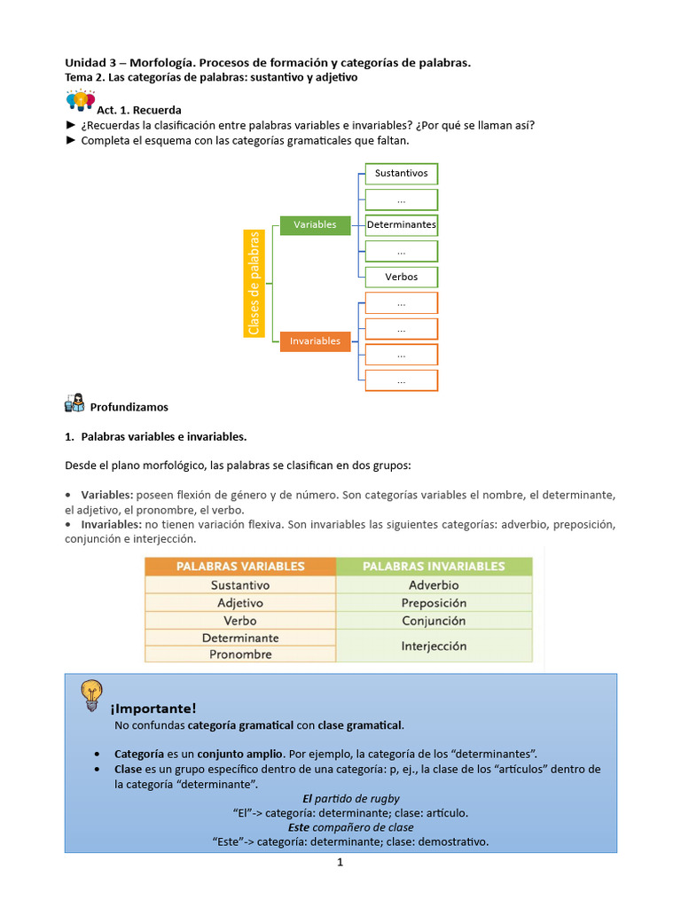 Tema 2. Categorías de Palabras - Sustantivos y Adjetivos | PDF
