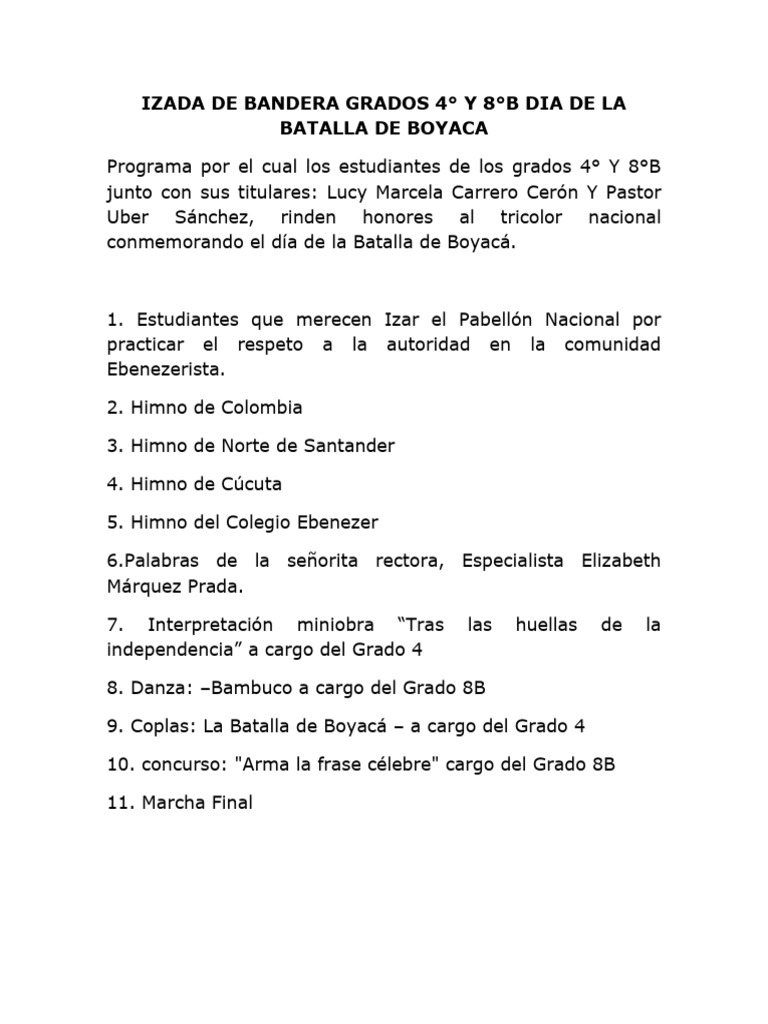 Programa Izada Batalla de Boyaca 2023 | PDF