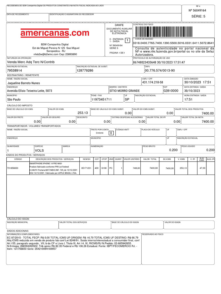 Danfe Americanas | PDF