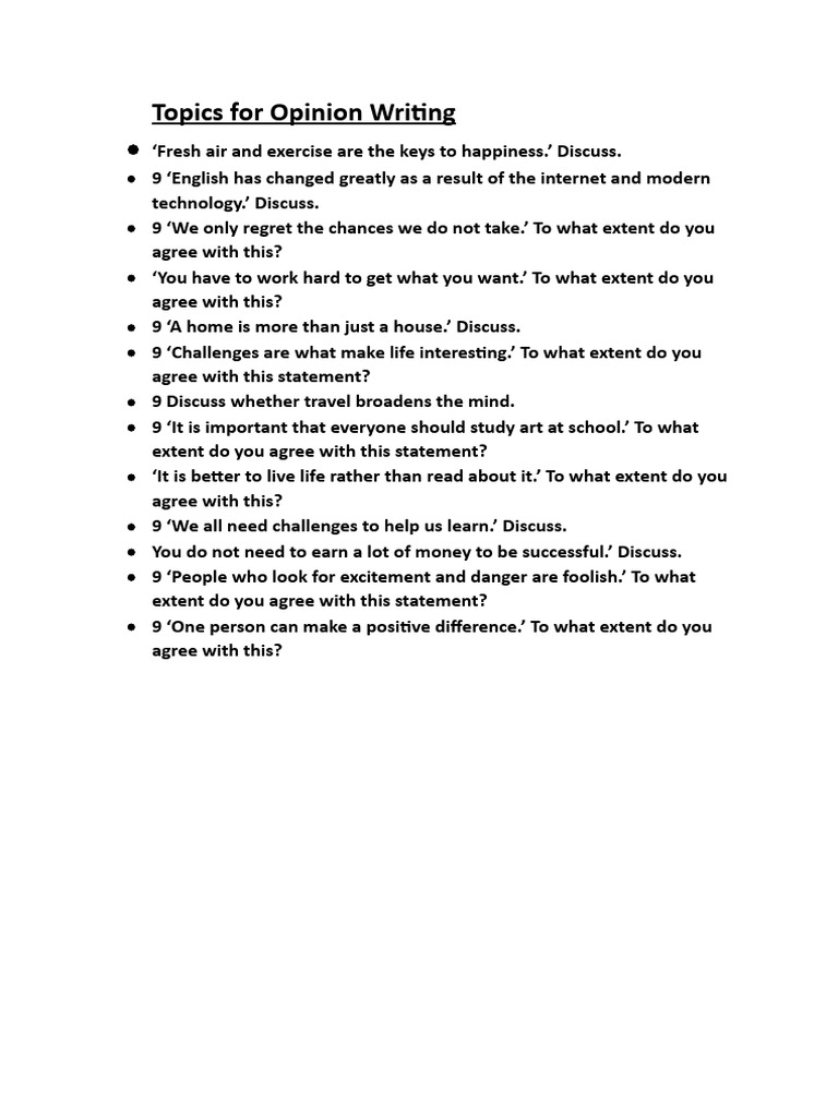 Topics For Opinion Writing | PDF