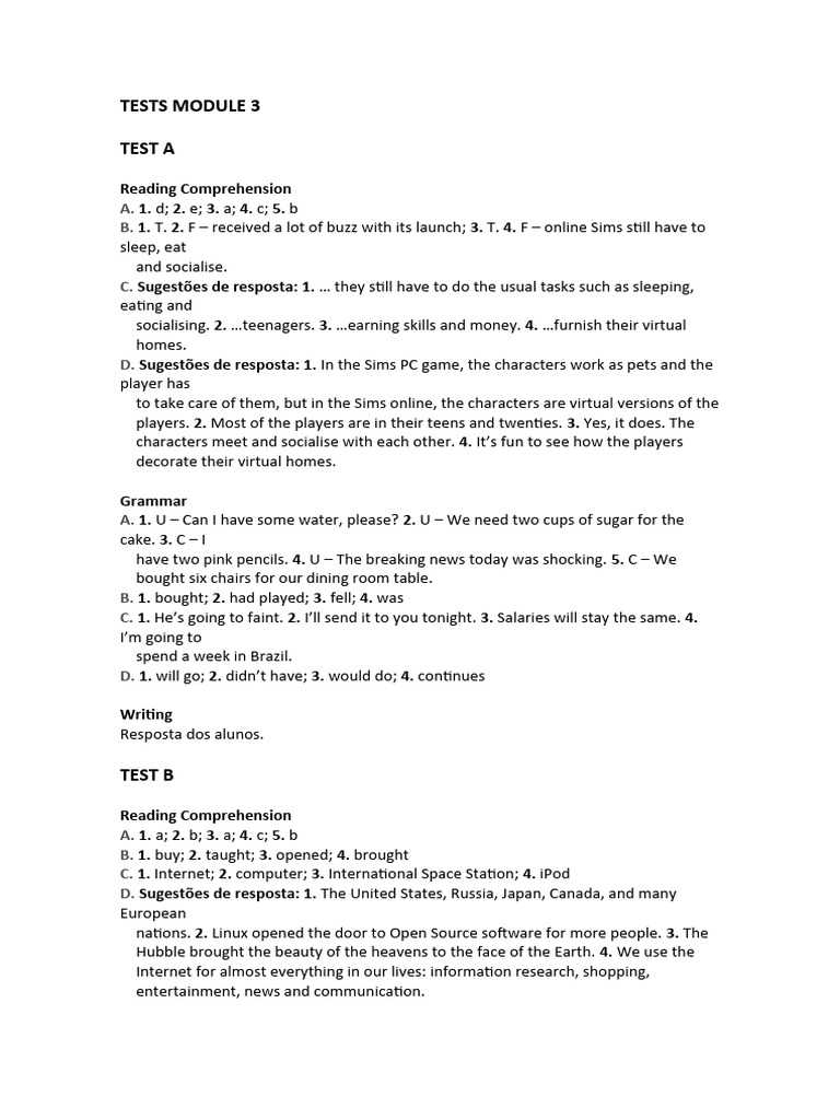 Evaluation Tests Answer Key Module 3 85214 | PDF | Games & Activities ...