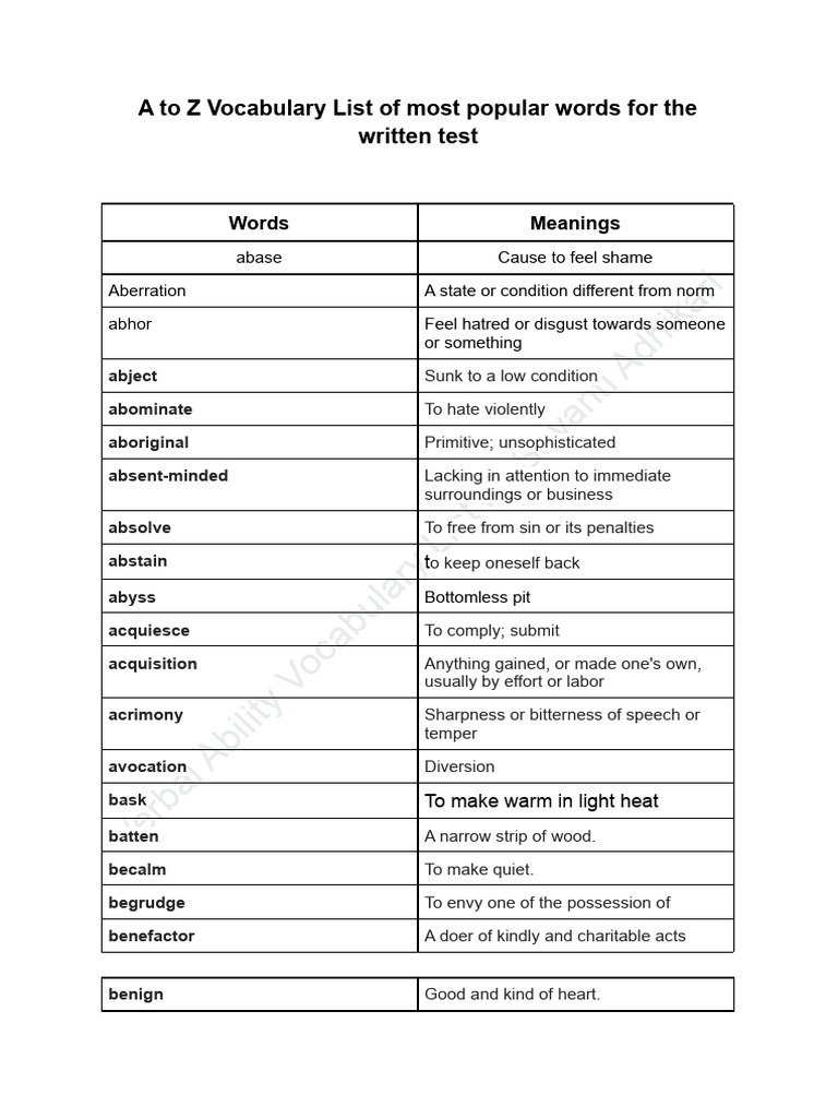 A To Z Vocabulary List | PDF