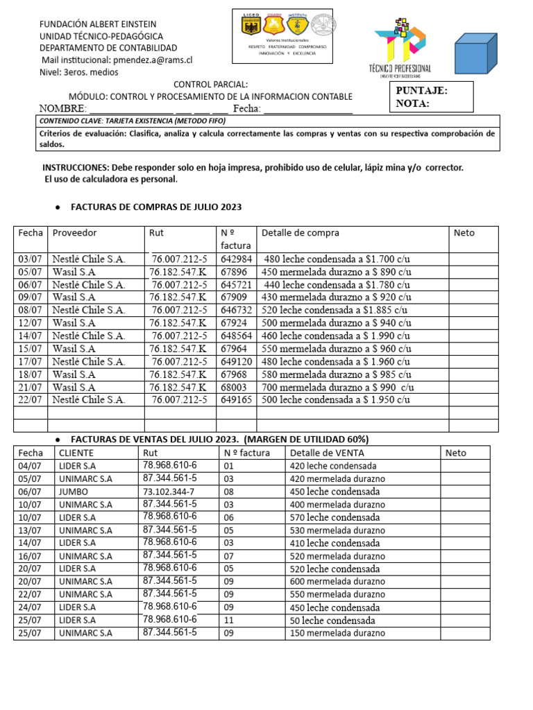 Control Parcial Tarjeta Existencia Tercero Medio C | PDF