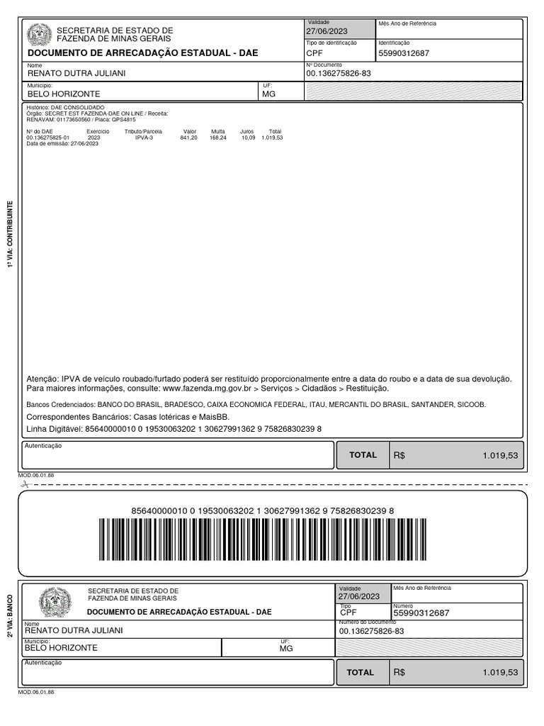 DAE MG: IPVA 2023 de Belo Horizonte | PDF | Bancos | Serviços financeiros
