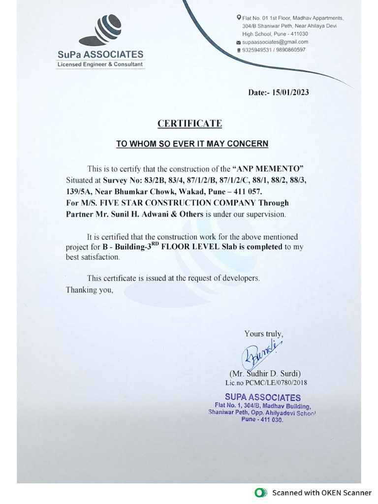 Architect Certificate 3rd Floor Slab Memento | PDF