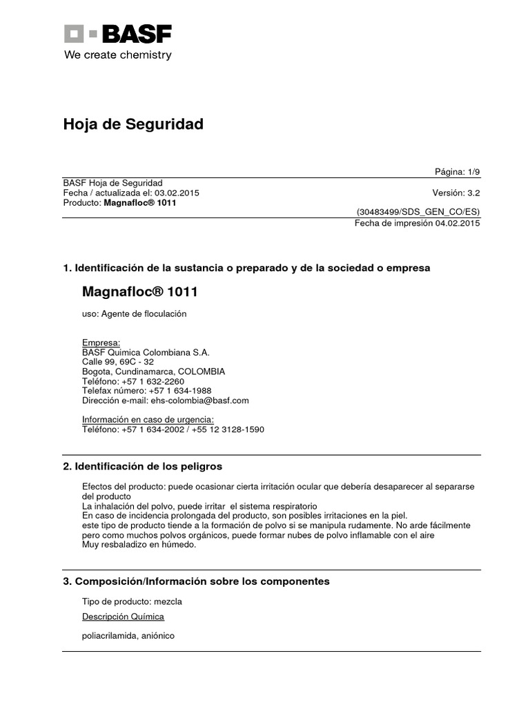 Msds. Magnafloc 1011 Basf | PDF | Relaciones personales, crianza y ...