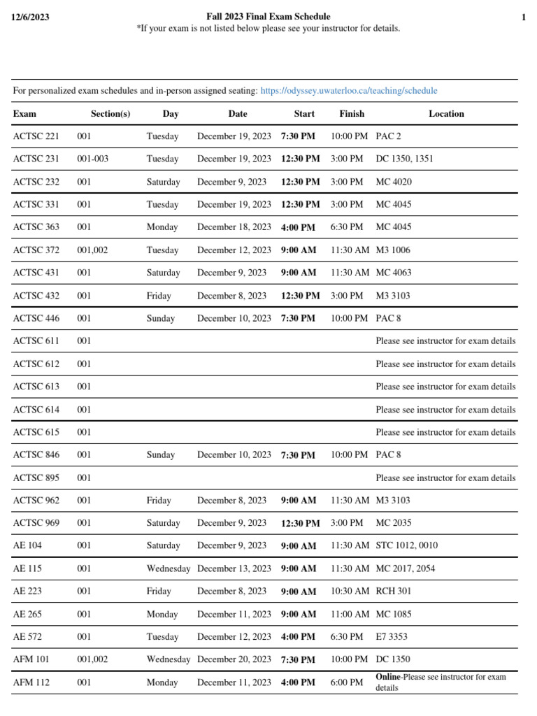 Fall 2023 Exam Schedule | PDF