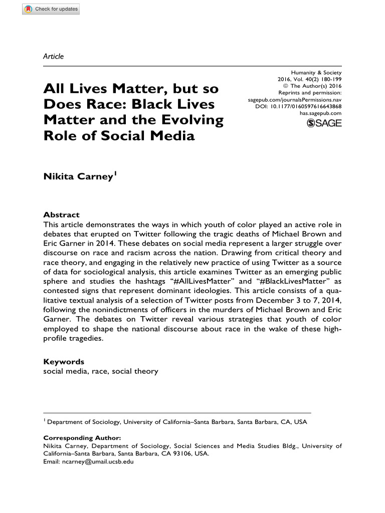 Carney 2016 All Lives Matter But So Does Race Black Lives Matter and ...