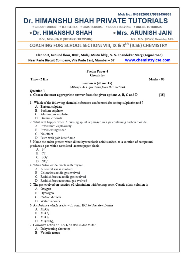 Chem Test - Prelim (Himanshu Sir) JNS-4 | PDF Chem Test - Prelim (Himanshu Sir) JNS-4 | PDF