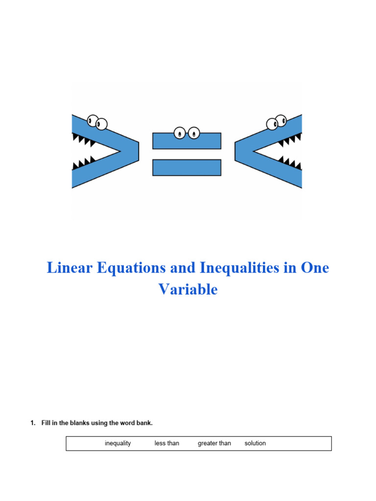Linear Equations and Inequalities in One Variable - Assignment | PDF ...
