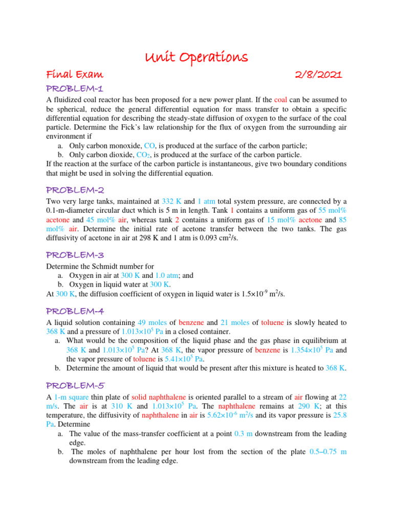 Unit Operations Final Exam Problems | PDF