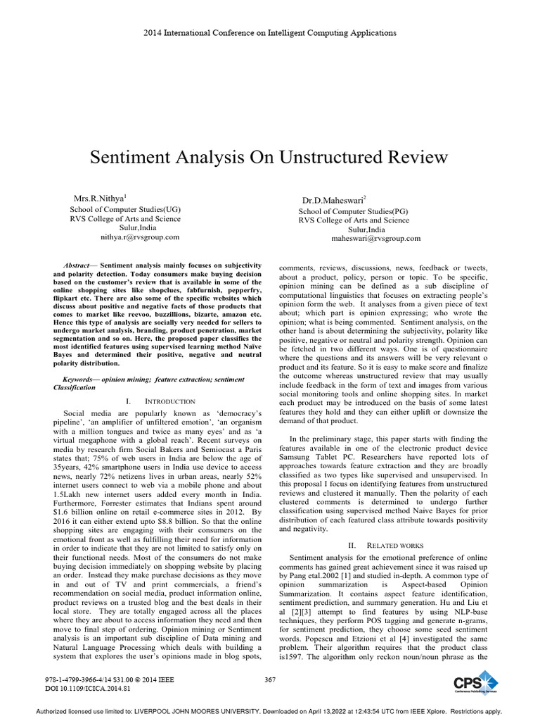 Sentiment Analysis On Unstructured Review | PDF | Computing | Cybernetics