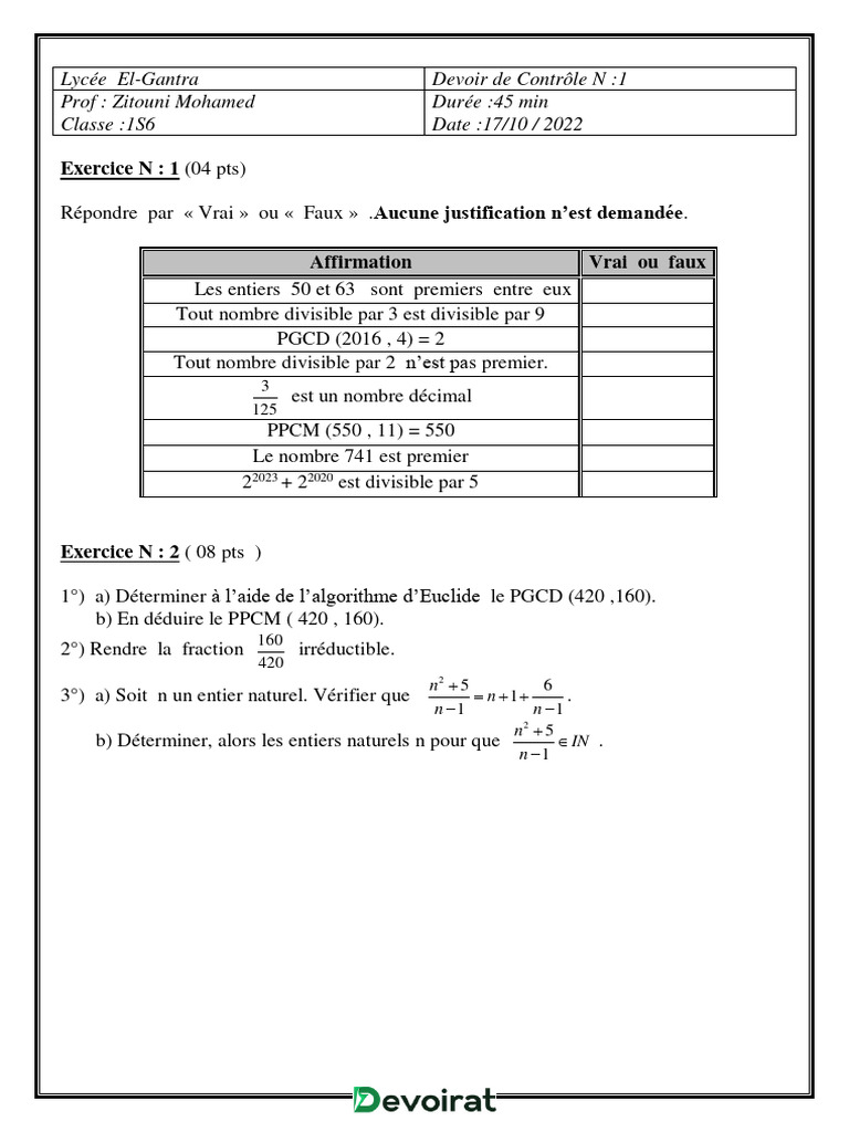 Devoir de Contrôle N°1 - Math - 1ère AS (2022-2023) MR Zitouni Mohamed | PDF