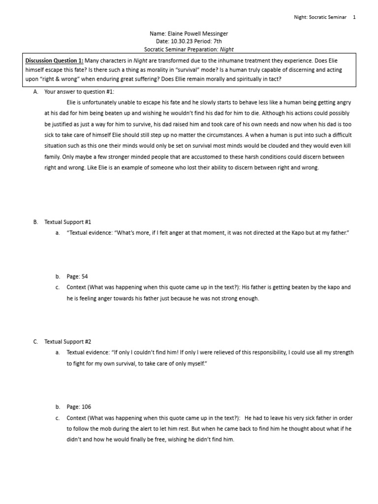 Night: Socratic Seminar Insights | PDF | Social Science | Philosophy