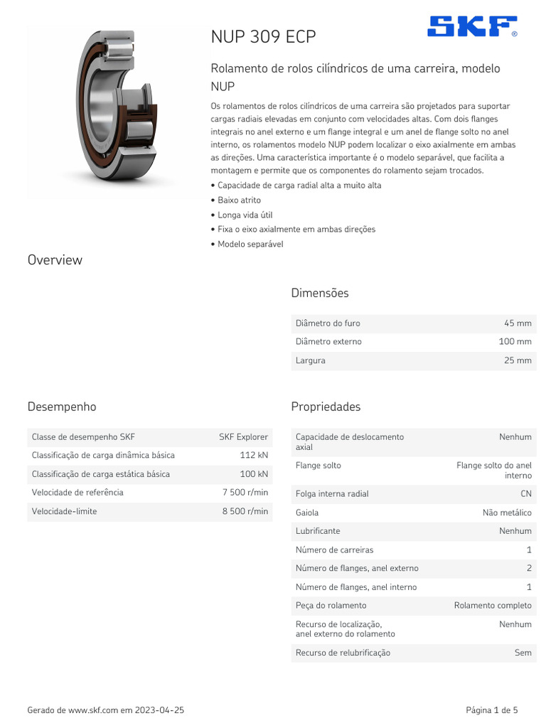 SKF NUP 309 ECP Specification | PDF