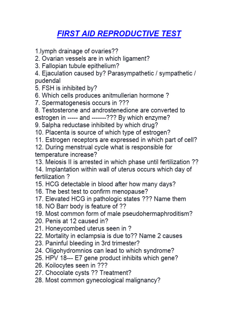 First Aid Reproductive Test | PDF | Wellness | Science & Mathematics