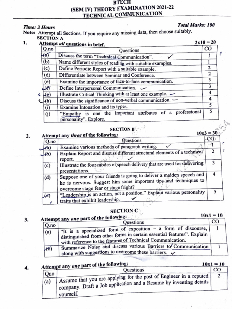 Technical Communication Exam Paper 2021-22 | PDF | Communication ...