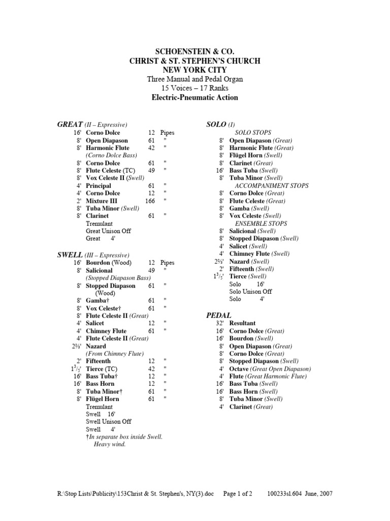 Schoenstein Organ Specification 957 | PDF | Musical Instruments ...