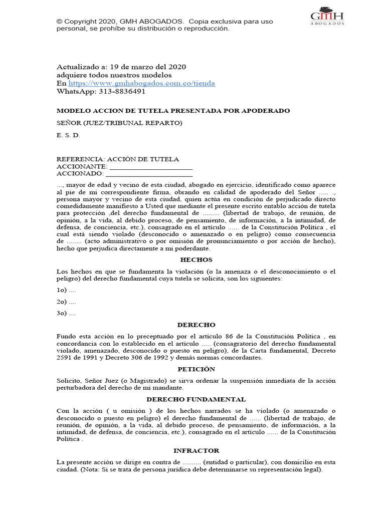 Acción de Tutela Presentada Por Apoderado | PDF | Derecho ...