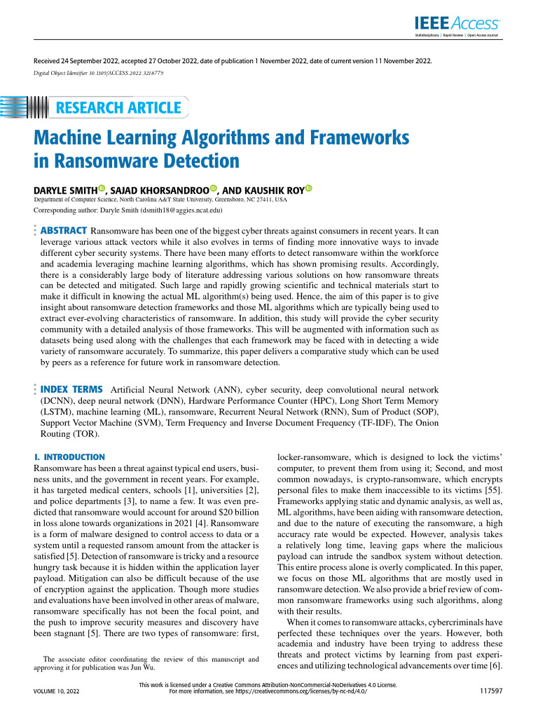 Machine Learning Algorithms and Frameworks in Ransomware Detection | PDF | Ransomware | Machine ...