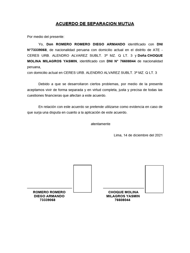 Carta de Mutuo Acuerdo de Separacion | PDF